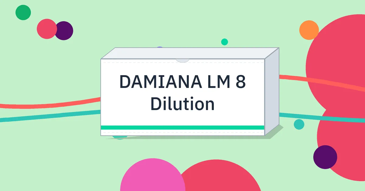 Symbolbild: Packung mit der Aufschrift DAMIANA LM 8 Dilution (PZN 13460944) – Verfügbarkeit und Bezug in Apotheken in Frankfurt am Main