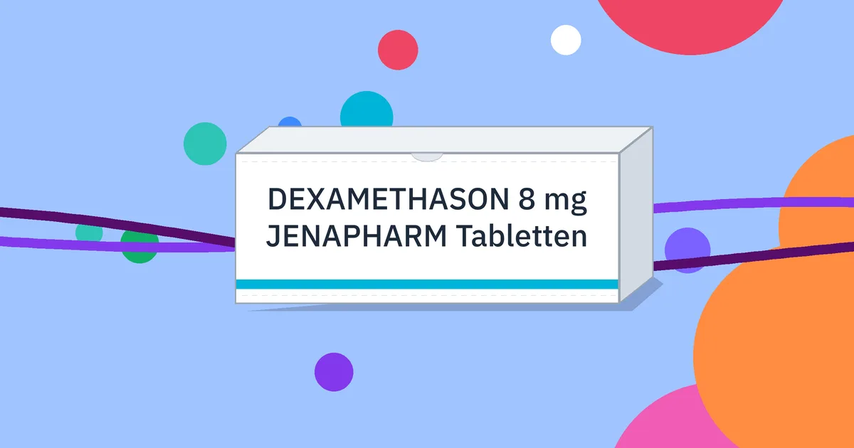 Symbolbild: Packung mit der Aufschrift DEXAMETHASON 8 mg JENAPHARM Tabletten (PZN 01436484) – Verfügbarkeit und Bezug in Apotheken in Frankfurt am Main