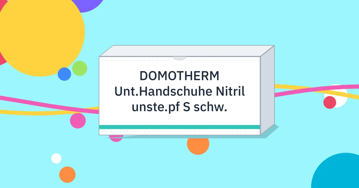 Symbolbild: Packung mit der Aufschrift DOMOTHERM Unt.Handschuhe Nitril unste.pf S schw. (PZN 18489272) – Verfügbarkeit und Bezug in Apotheken in Frankfurt am Main