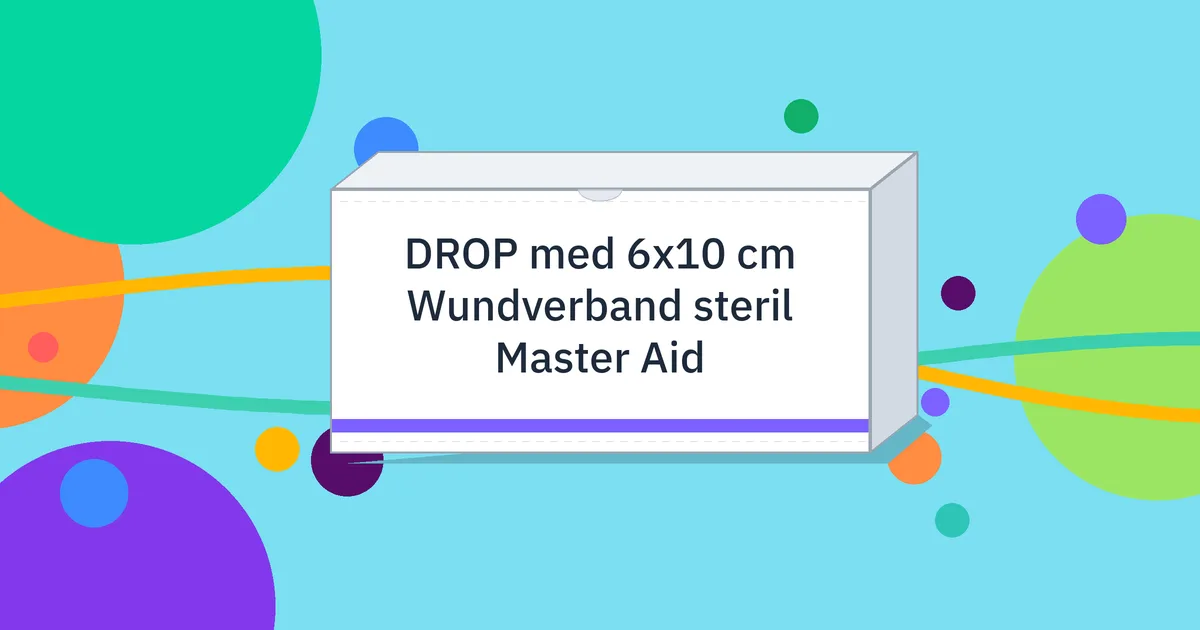 Symbolbild: Packung mit der Aufschrift DROP med 6x10 cm Wundverband steril Master Aid (PZN 00121577) – Verfügbarkeit und Bezug in Apotheken in Frankfurt am Main