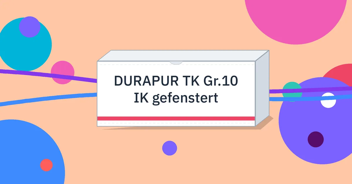 Symbolbild: Packung mit der Aufschrift DURAPUR TK Gr.10 IK gefenstert (PZN 16030658) – Verfügbarkeit und Bezug in Apotheken in Frankfurt am Main