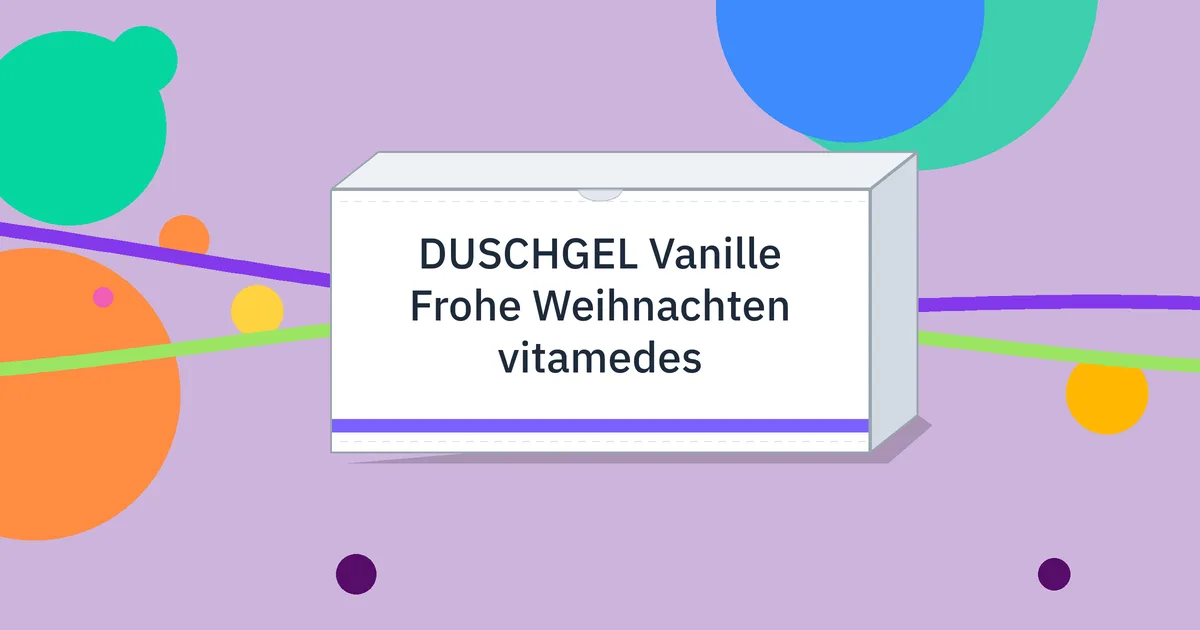 Symbolbild: Packung mit der Aufschrift DUSCHGEL Vanille Frohe Weihnachten vitamedes (PZN 20082141) – Verfügbarkeit und Bezug in Apotheken in Frankfurt am Main