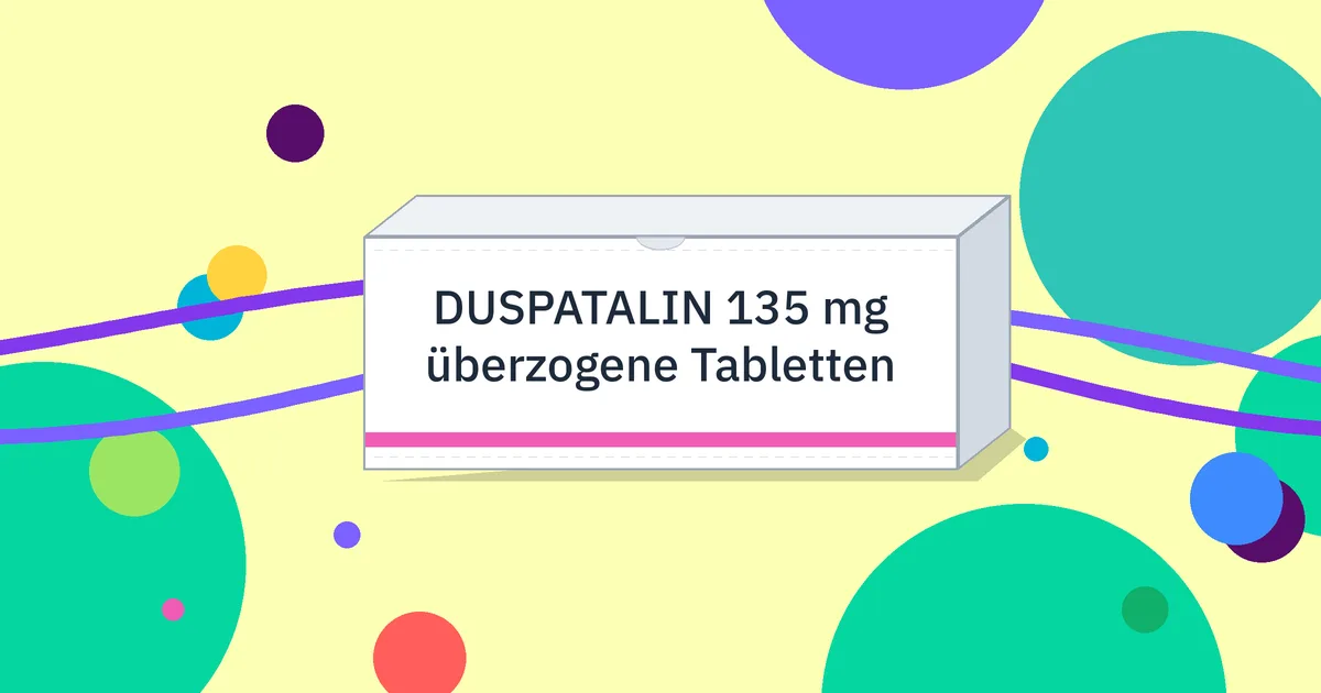 Symbolbild: Packung mit der Aufschrift DUSPATALIN 135 mg überzogene Tabletten (PZN 00009946) – Verfügbarkeit und Bezug in Apotheken in Frankfurt am Main