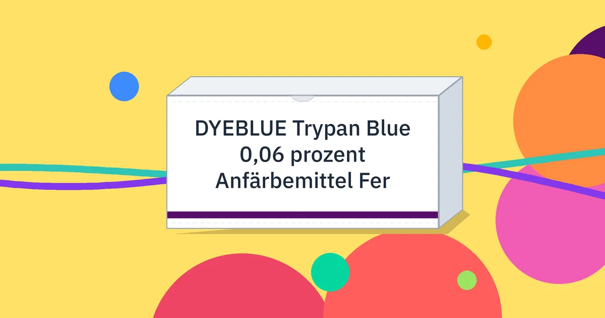 Symbolbild: Packung mit der Aufschrift DYEBLUE Trypan Blue 0,06 prozent Anfärbemittel Fer (PZN 20941584) – Verfügbarkeit und Bezug in Apotheken in Frankfurt am Main
