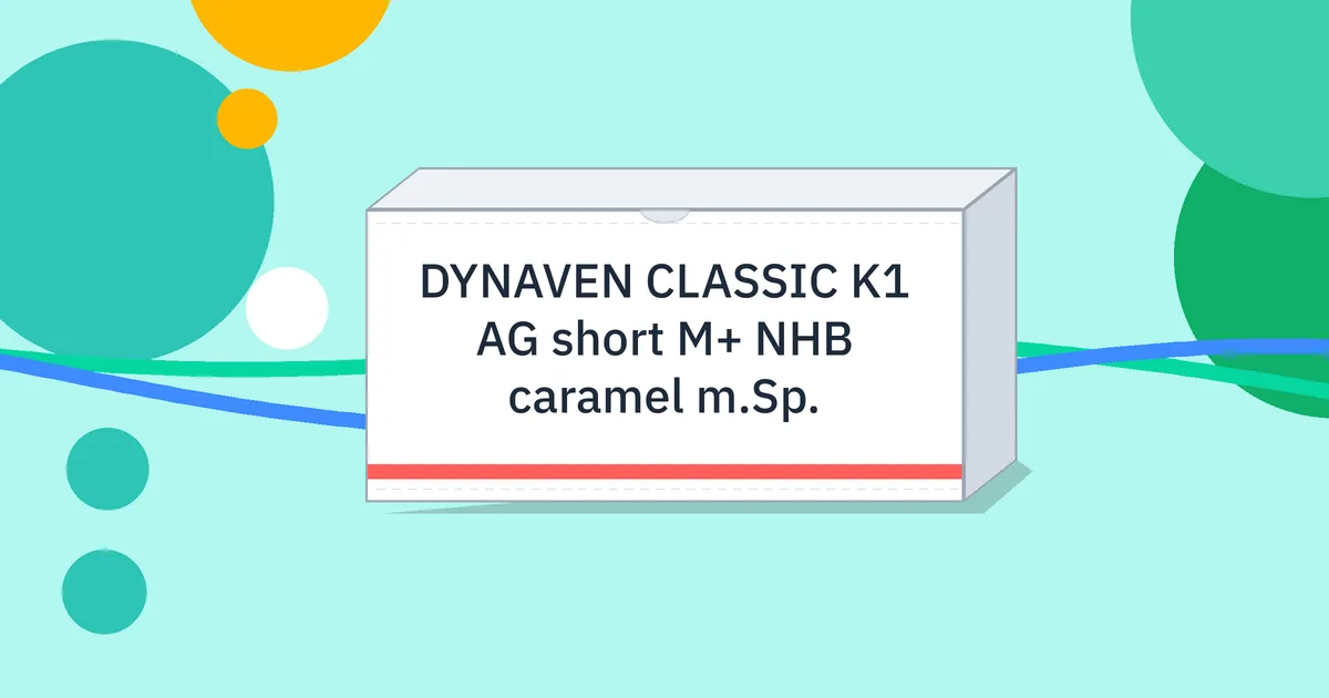Symbolbild: Packung mit der Aufschrift DYNAVEN CLASSIC K1 AG short M+ NHB caramel m.Sp. (PZN 18415842) – Verfügbarkeit und Bezug in Apotheken in Frankfurt am Main
