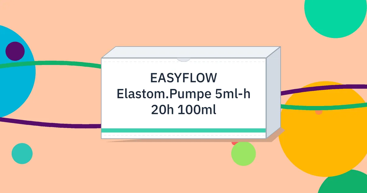 Symbolbild: Packung mit der Aufschrift EASYFLOW Elastom.Pumpe 5ml-h 20h 100ml (PZN 19789266) – Verfügbarkeit und Bezug in Apotheken in Frankfurt am Main