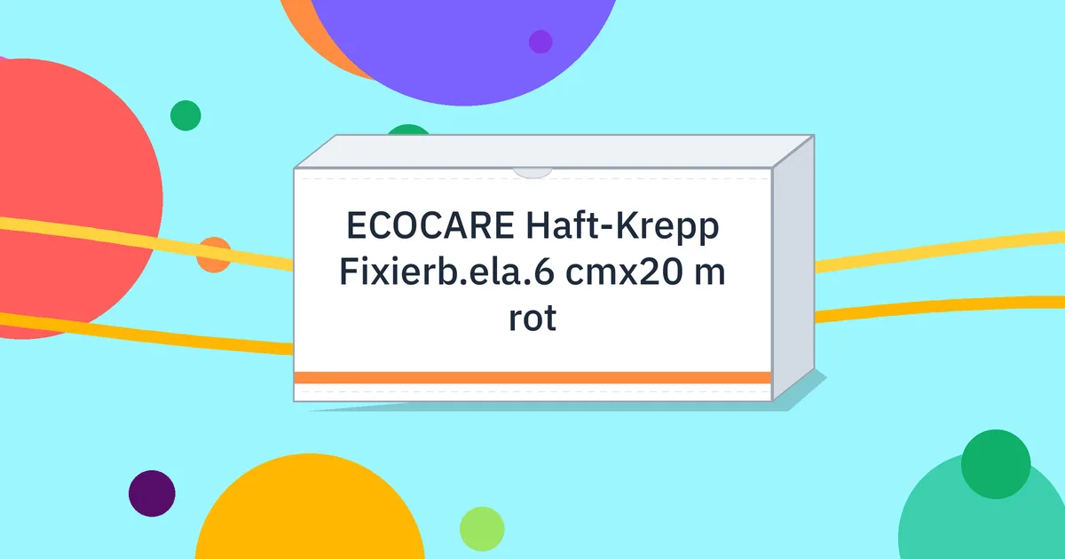 Symbolbild: Packung mit der Aufschrift ECOCARE Haft-Krepp Fixierb.ela.6 cmx20 m rot (PZN 11518869) – Verfügbarkeit und Bezug in Apotheken in Frankfurt am Main