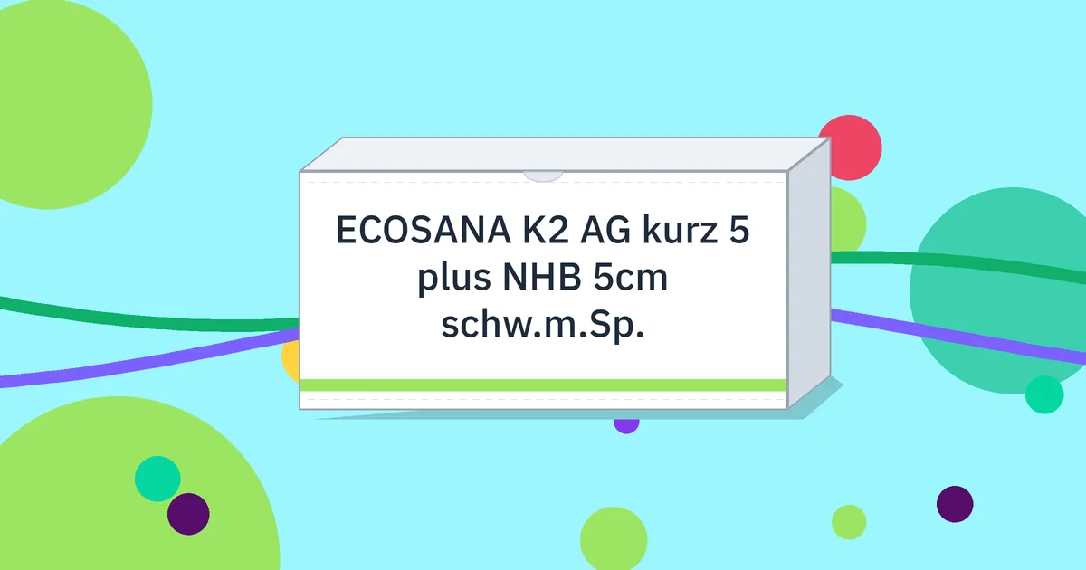 Symbolbild: Packung mit der Aufschrift ECOSANA K2 AG kurz 5 plus NHB 5cm schw.m.Sp. (PZN 01462760) – Verfügbarkeit und Bezug in Apotheken in Frankfurt am Main
