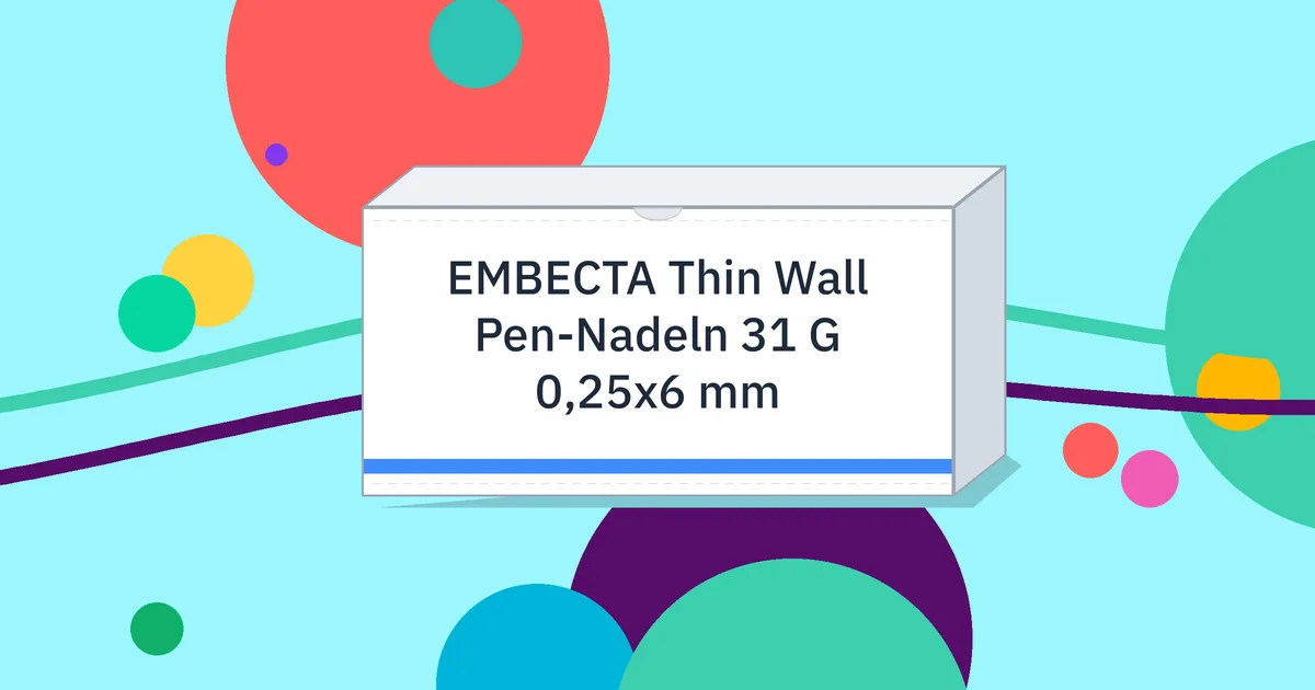 Symbolbild: Packung mit der Aufschrift EMBECTA Thin Wall Pen-Nadeln 31 G 0,25x6 mm (PZN 20612952) – Verfügbarkeit und Bezug in Apotheken in Frankfurt am Main
