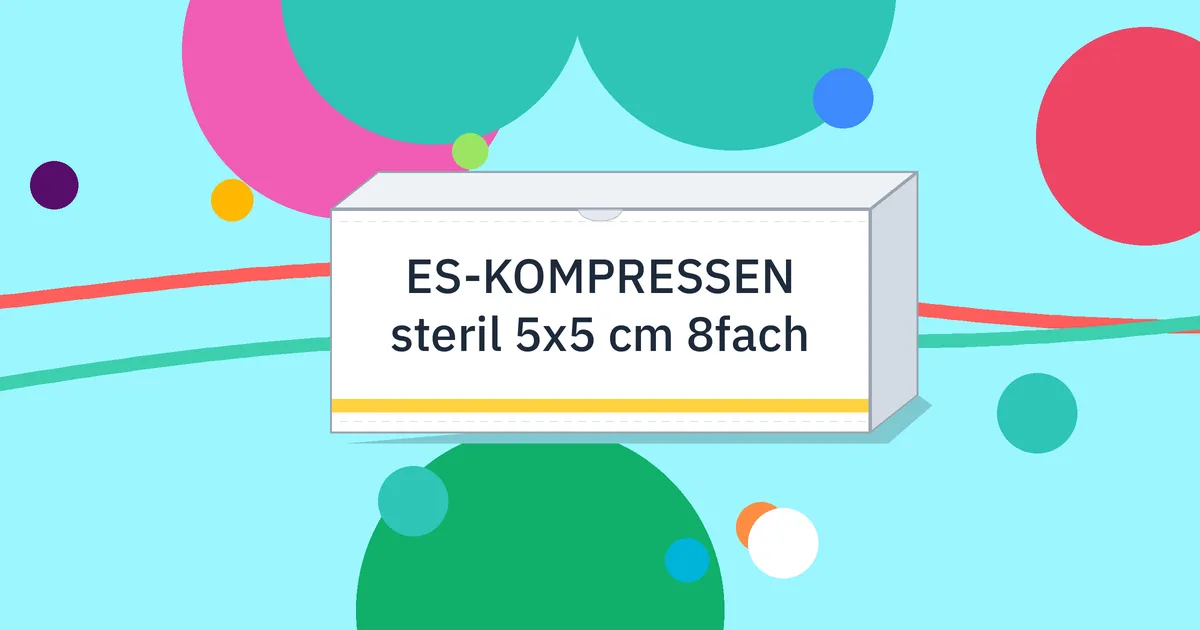 Symbolbild: Packung mit der Aufschrift ES-KOMPRESSEN steril 5x5 cm 8fach (PZN 19745814) – Verfügbarkeit und Bezug in Apotheken in Frankfurt am Main