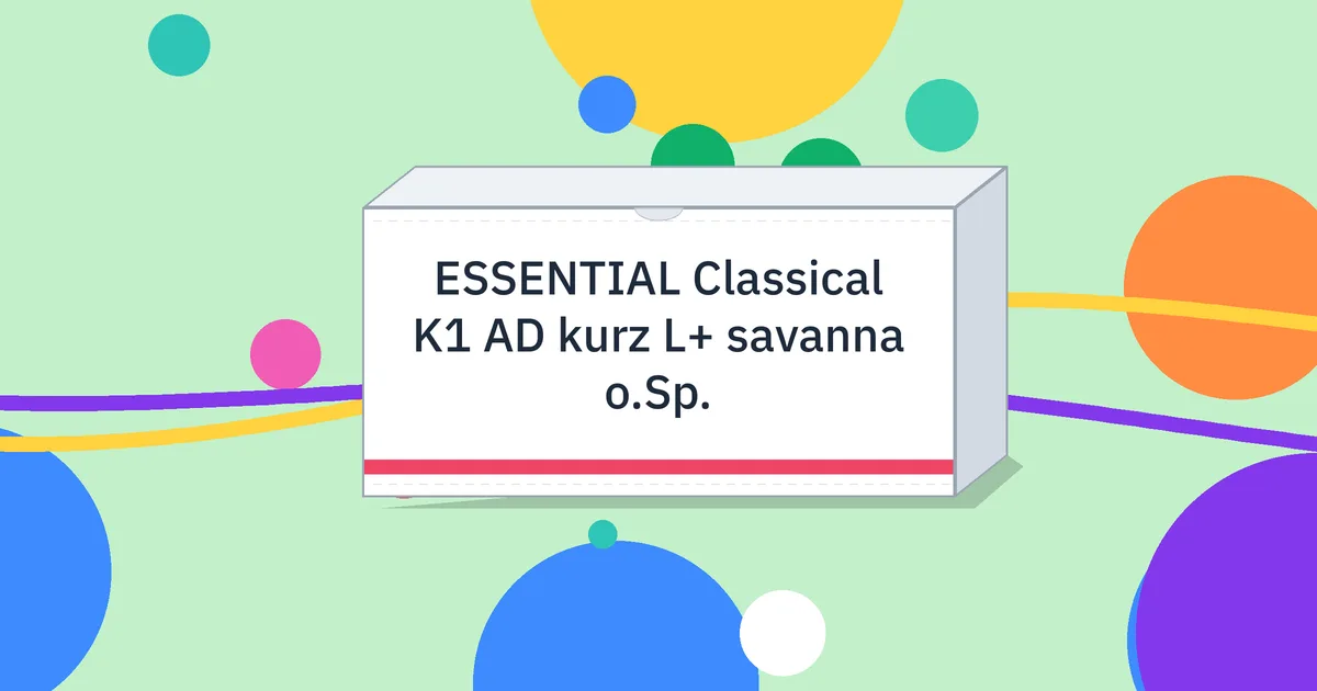 Symbolbild: Packung mit der Aufschrift ESSENTIAL Classical K1 AD kurz L+ savanna o.Sp. (PZN 17003913) – Verfügbarkeit und Bezug in Apotheken in Frankfurt am Main