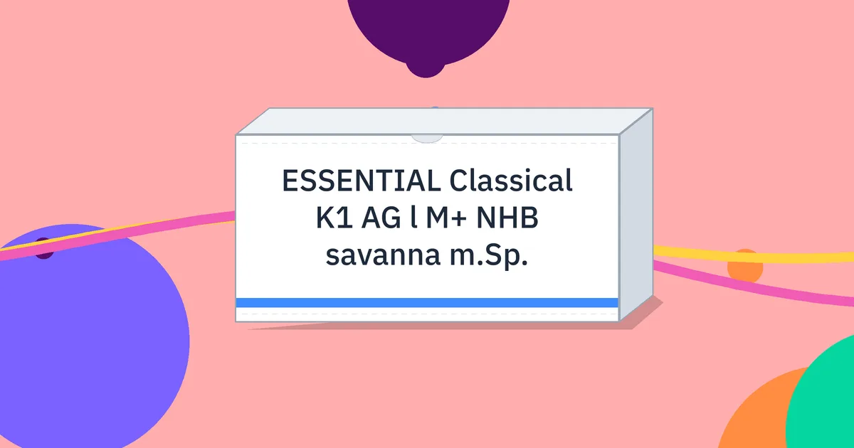 Symbolbild: Packung mit der Aufschrift ESSENTIAL Classical K1 AG l M+ NHB savanna m.Sp. (PZN 17003037) – Verfügbarkeit und Bezug in Apotheken in Frankfurt am Main