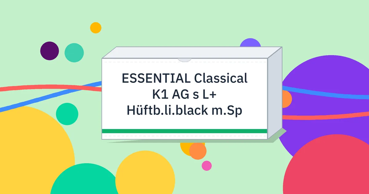 Symbolbild: Packung mit der Aufschrift ESSENTIAL Classical K1 AG s L+ Hüftb.li.black m.Sp (PZN 17013395) – Verfügbarkeit und Bezug in Apotheken in Frankfurt am Main