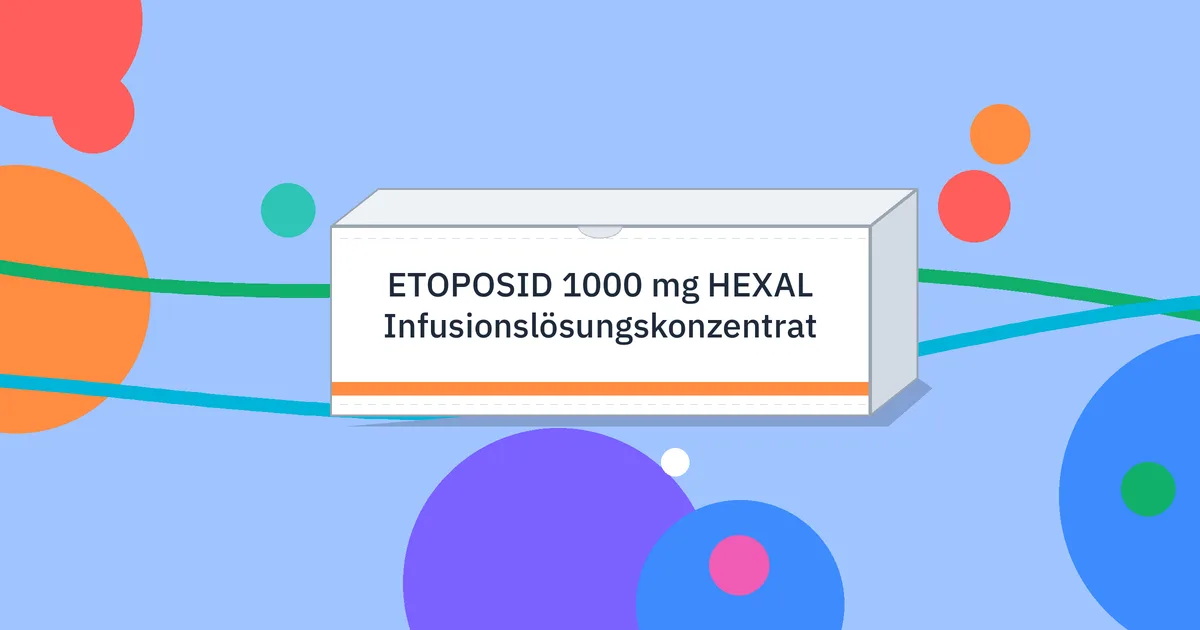 Symbolbild: Packung mit der Aufschrift ETOPOSID 1000 mg HEXAL Infusionslösungskonzentrat (PZN 01546149) – Verfügbarkeit und Bezug in Apotheken in Frankfurt am Main