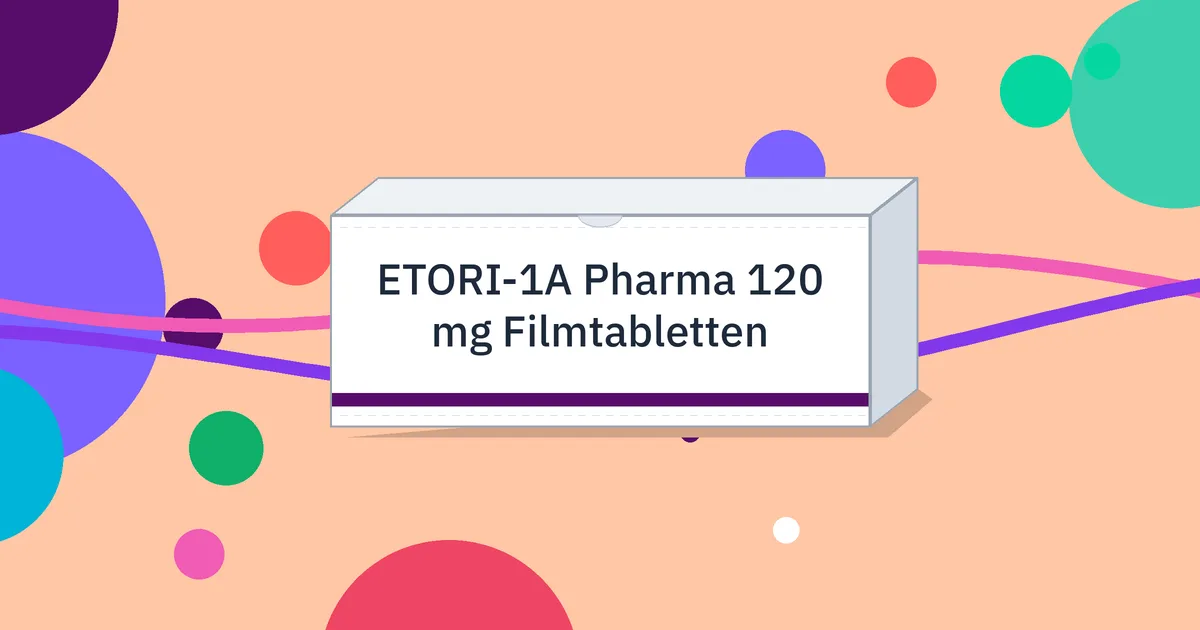 Symbolbild: Packung mit der Aufschrift ETORI-1A Pharma 120 mg Filmtabletten (PZN 12422278) – Verfügbarkeit und Bezug in Apotheken in Frankfurt am Main