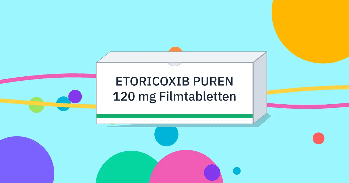 Symbolbild: Packung mit der Aufschrift ETORICOXIB PUREN 120 mg Filmtabletten (PZN 12361766) – Verfügbarkeit und Bezug in Apotheken in Frankfurt am Main