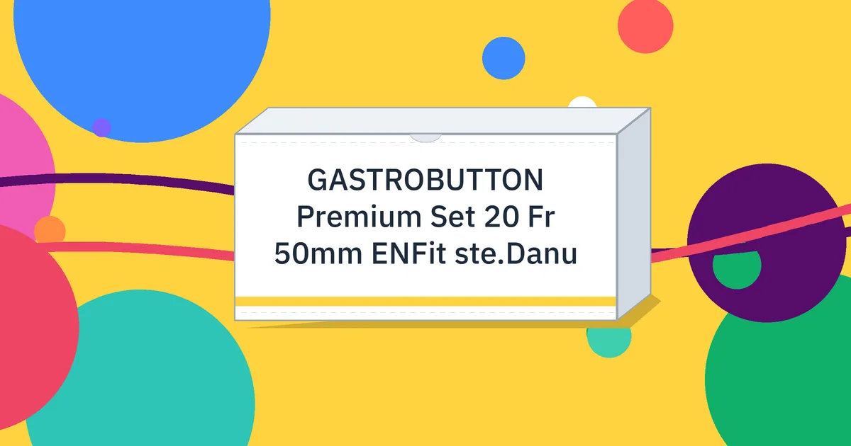 Symbolbild: Packung mit der Aufschrift GASTROBUTTON Premium Set 20 Fr 50mm ENFit ste.Danu (PZN 16884047) – Verfügbarkeit und Bezug in Apotheken in Frankfurt am Main