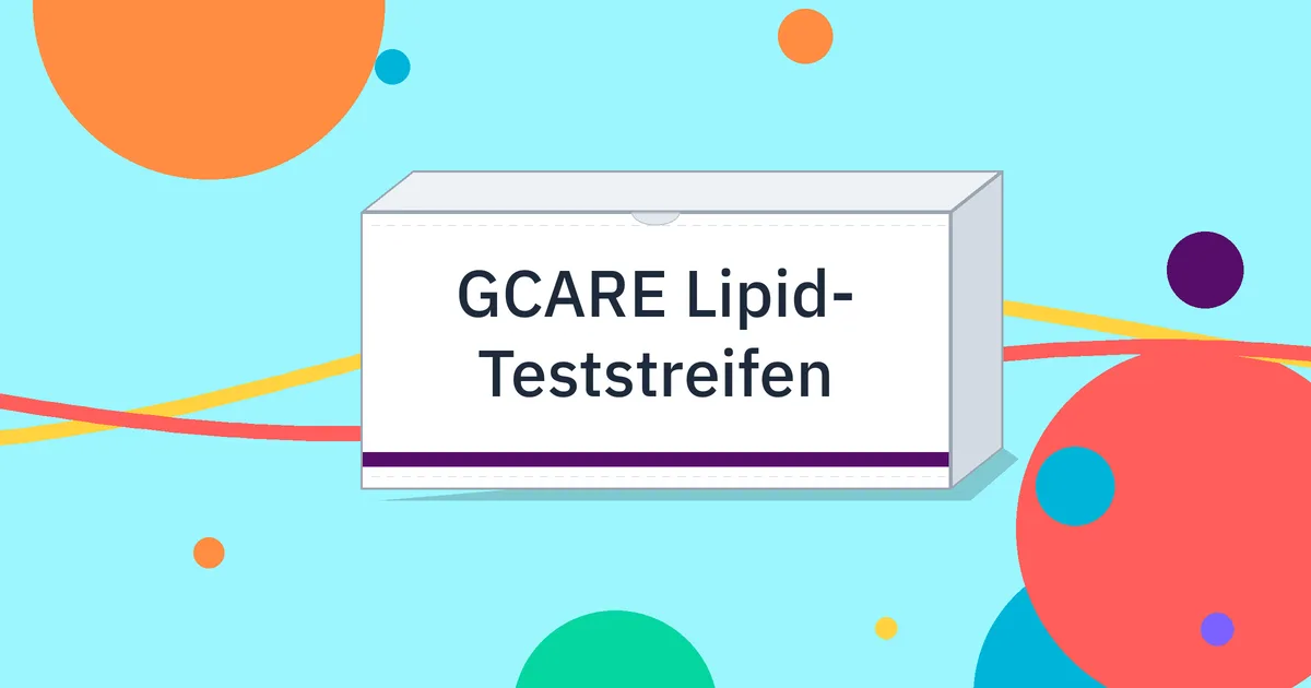 Symbolbild: Packung mit der Aufschrift GCARE Lipid-Teststreifen (PZN 19512582) – Verfügbarkeit und Bezug in Apotheken in Frankfurt am Main