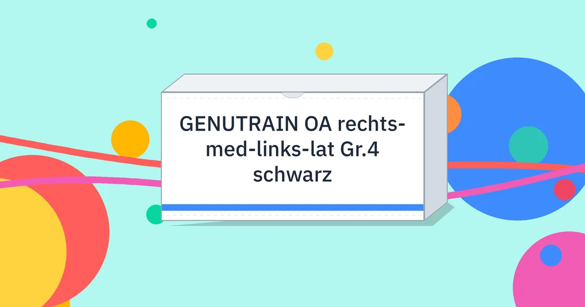 Symbolbild: Packung mit der Aufschrift GENUTRAIN OA rechts-med-links-lat Gr.4 schwarz (PZN 16144037) – Verfügbarkeit und Bezug in Apotheken in Frankfurt am Main
