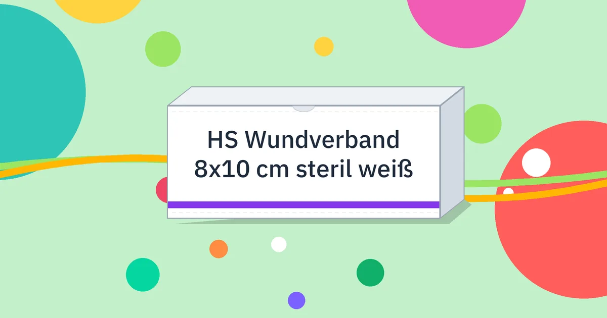 Symbolbild: Packung mit der Aufschrift HS Wundverband 8x10 cm steril weiß (PZN 19900456) – Verfügbarkeit und Bezug in Apotheken in Frankfurt am Main