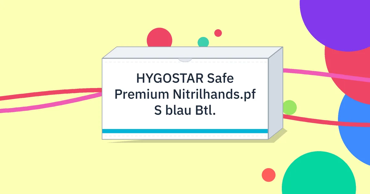 Symbolbild: Packung mit der Aufschrift HYGOSTAR Safe Premium Nitrilhands.pf S blau Btl. (PZN 20773997) – Verfügbarkeit und Bezug in Apotheken in Frankfurt am Main