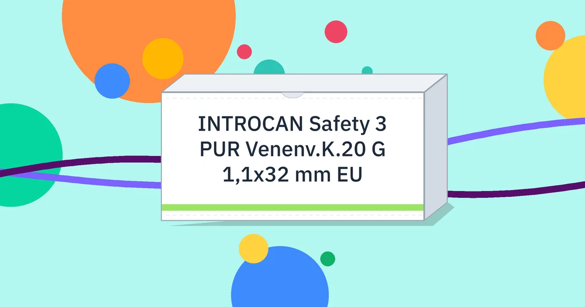 Symbolbild: Packung mit der Aufschrift INTROCAN Safety 3 PUR Venenv.K.20 G 1,1x32 mm EU (PZN 20345149) – Verfügbarkeit und Bezug in Apotheken in Frankfurt am Main