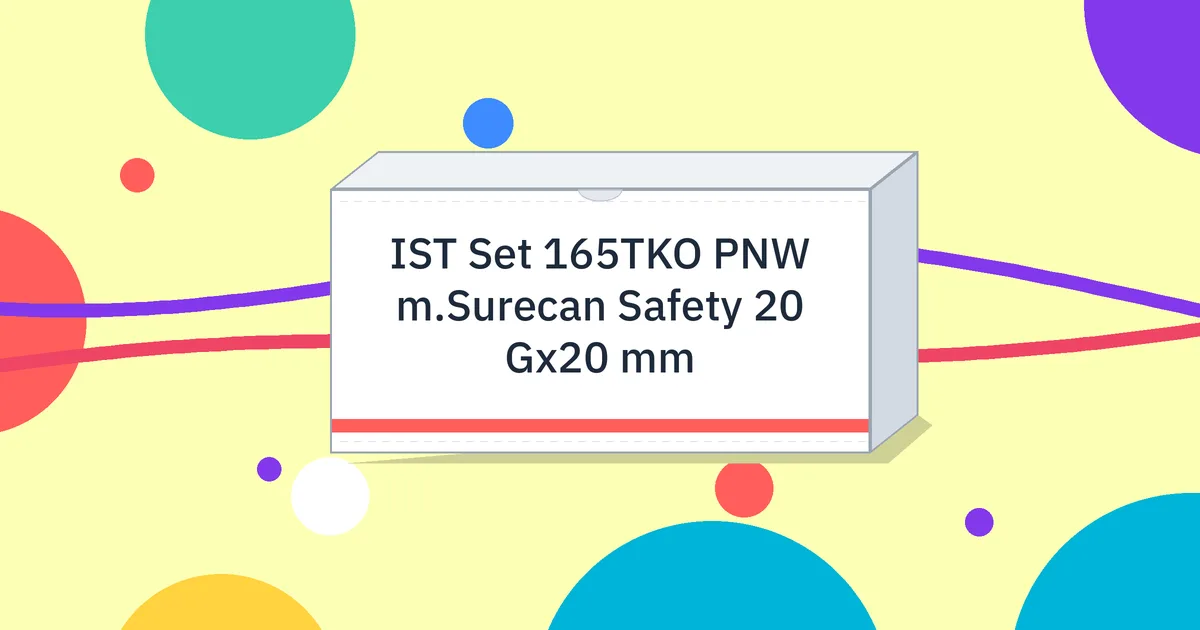 Symbolbild: Packung mit der Aufschrift IST Set 165TKO PNW m.Surecan Safety 20 Gx20 mm (PZN 13868183) – Verfügbarkeit und Bezug in Apotheken in Frankfurt am Main