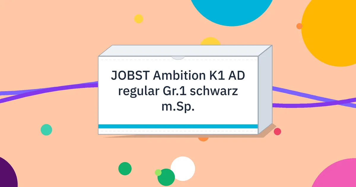 Symbolbild: Packung mit der Aufschrift JOBST Ambition K1 AD regular Gr.1 schwarz m.Sp. (PZN 11020365) – Verfügbarkeit und Bezug in Apotheken in Frankfurt am Main
