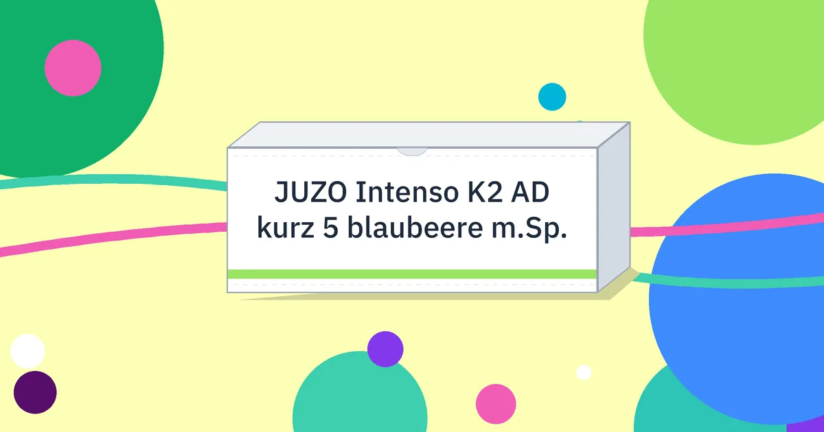 Symbolbild: Packung mit der Aufschrift JUZO Intenso K2 AD kurz 5 blaubeere m.Sp. (PZN 18607524) – Verfügbarkeit und Bezug in Apotheken in Frankfurt am Main