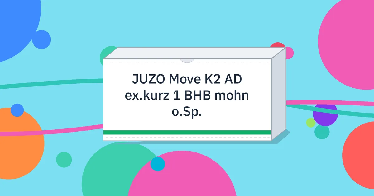 Symbolbild: Packung mit der Aufschrift JUZO Move K2 AD ex.kurz 1 BHB mohn o.Sp. (PZN 18542635) – Verfügbarkeit und Bezug in Apotheken in Frankfurt am Main