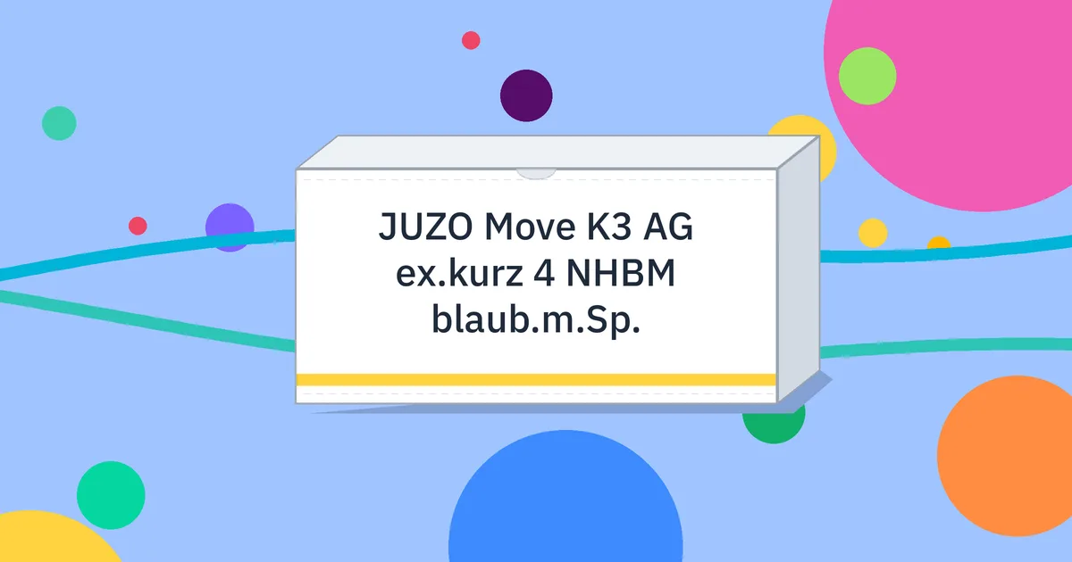 Symbolbild: Packung mit der Aufschrift JUZO Move K3 AG ex.kurz 4 NHBM blaub.m.Sp. (PZN 18594520) – Verfügbarkeit und Bezug in Apotheken in Frankfurt am Main