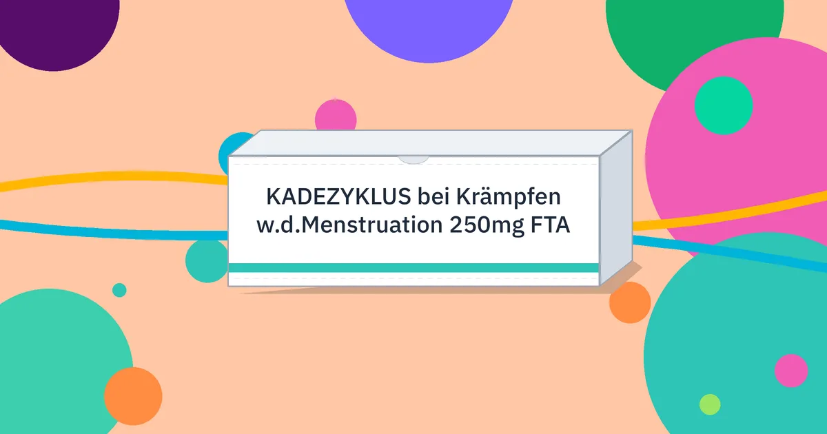 Symbolbild: Packung mit der Aufschrift KADEZYKLUS bei Krämpfen w.d.Menstruation 250mg FTA (PZN 17874387) – Verfügbarkeit und Bezug in Apotheken in Frankfurt am Main