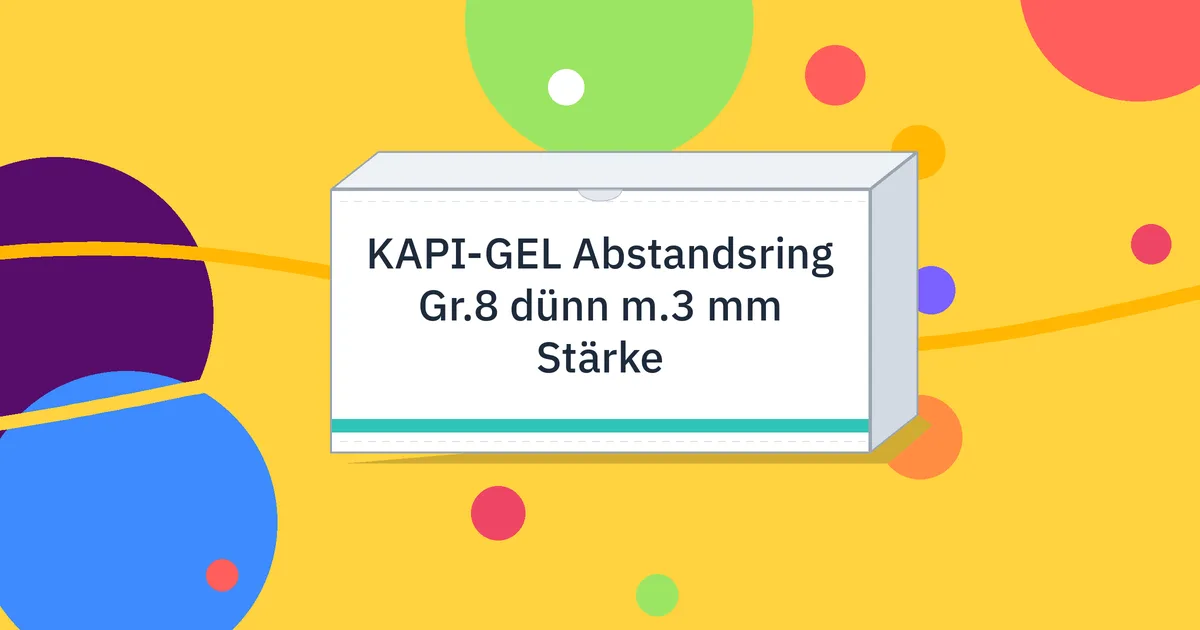 Symbolbild: Packung mit der Aufschrift KAPI-GEL Abstandsring Gr.8 dünn m.3 mm Stärke (PZN 17382081) – Verfügbarkeit und Bezug in Apotheken in Frankfurt am Main