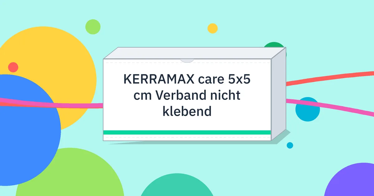 Symbolbild: Packung mit der Aufschrift KERRAMAX care 5x5 cm Verband nicht klebend (PZN 14201280) – Verfügbarkeit und Bezug in Apotheken in Frankfurt am Main
