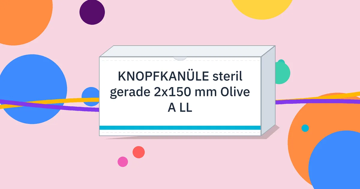 Symbolbild: Packung mit der Aufschrift KNOPFKANÜLE steril gerade 2x150 mm Olive A LL (PZN 19978599) – Verfügbarkeit und Bezug in Apotheken in Frankfurt am Main