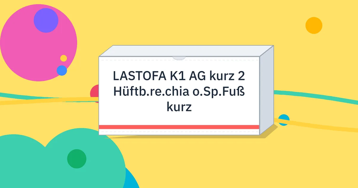 Symbolbild: Packung mit der Aufschrift LASTOFA K1 AG kurz 2 Hüftb.re.chia o.Sp.Fuß kurz (PZN 13797603) – Verfügbarkeit und Bezug in Apotheken in Frankfurt am Main