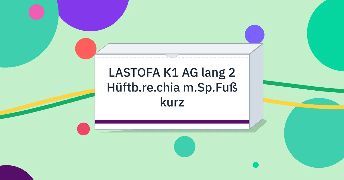 Symbolbild: Packung mit der Aufschrift LASTOFA K1 AG lang 2 Hüftb.re.chia m.Sp.Fuß kurz (PZN 13797543) – Verfügbarkeit und Bezug in Apotheken in Frankfurt am Main