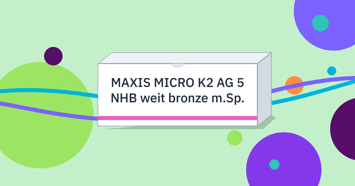 Symbolbild: Packung mit der Aufschrift MAXIS MICRO K2 AG 5 NHB weit bronze m.Sp. (PZN 17674122) – Verfügbarkeit und Bezug in Apotheken in Frankfurt am Main