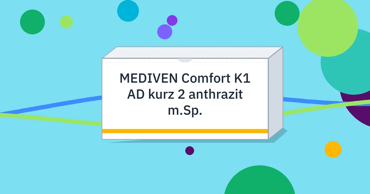 Symbolbild: Packung mit der Aufschrift MEDIVEN Comfort K1 AD kurz 2 anthrazit m.Sp. (PZN 14562500) – Verfügbarkeit und Bezug in Apotheken in Frankfurt am Main