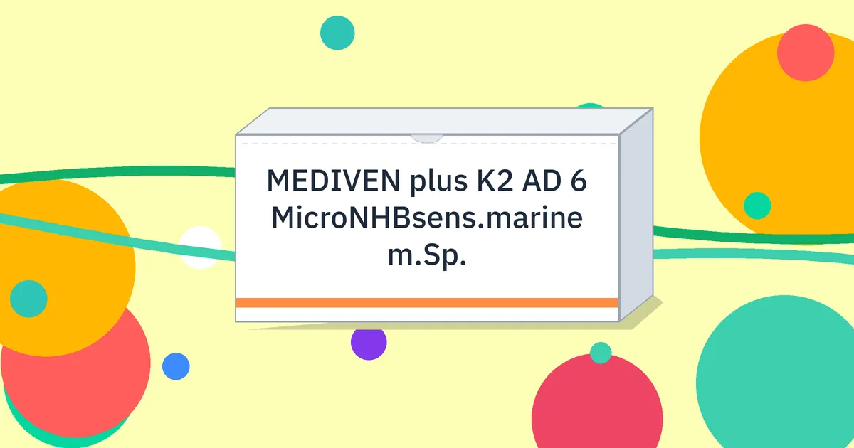 Symbolbild: Packung mit der Aufschrift MEDIVEN plus K2 AD 6 MicroNHBsens.marine m.Sp. (PZN 15933298) – Verfügbarkeit und Bezug in Apotheken in Frankfurt am Main