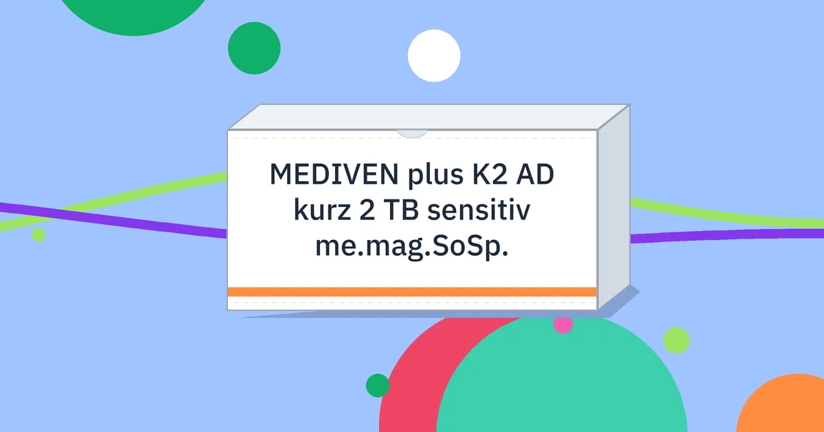 Symbolbild: Packung mit der Aufschrift MEDIVEN plus K2 AD kurz 2 TB sensitiv me.mag.SoSp. (PZN 15106632) – Verfügbarkeit und Bezug in Apotheken in Frankfurt am Main