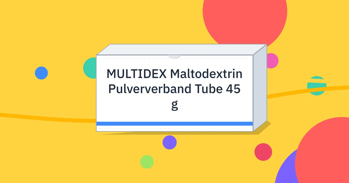 Symbolbild: Packung mit der Aufschrift MULTIDEX Maltodextrin Pulververband Tube 45 g (PZN 19436591) – Verfügbarkeit und Bezug in Apotheken in Frankfurt am Main