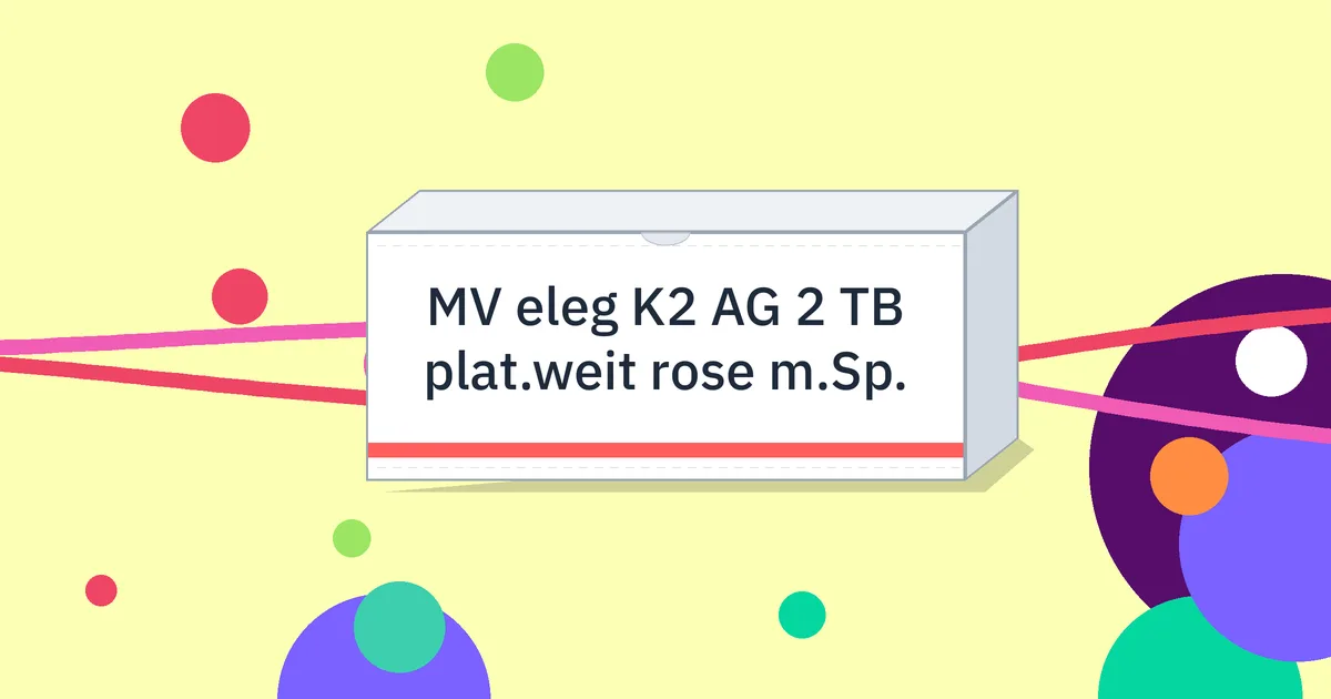 Symbolbild: Packung mit der Aufschrift MV eleg K2 AG 2 TB plat.weit rose m.Sp. (PZN 14698961) – Verfügbarkeit und Bezug in Apotheken in Frankfurt am Main