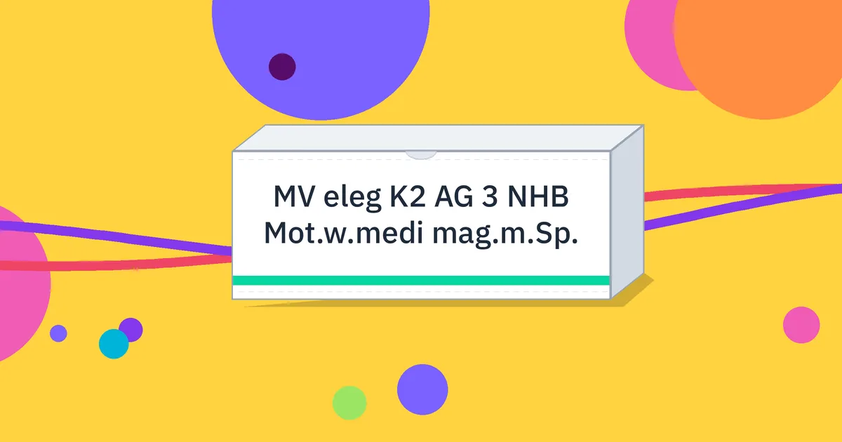Symbolbild: Packung mit der Aufschrift MV eleg K2 AG 3 NHB Mot.w.medi mag.m.Sp. (PZN 15726777) – Verfügbarkeit und Bezug in Apotheken in Frankfurt am Main