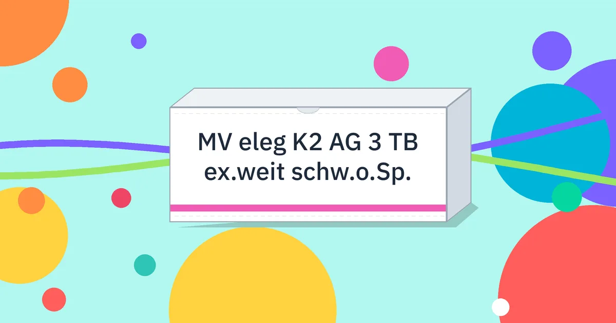 Symbolbild: Packung mit der Aufschrift MV eleg K2 AG 3 TB ex.weit schw.o.Sp. (PZN 09878141) – Verfügbarkeit und Bezug in Apotheken in Frankfurt am Main