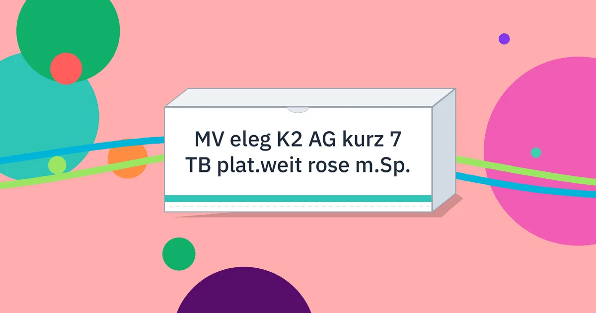 Symbolbild: Packung mit der Aufschrift MV eleg K2 AG kurz 7 TB plat.weit rose m.Sp. (PZN 14696726) – Verfügbarkeit und Bezug in Apotheken in Frankfurt am Main