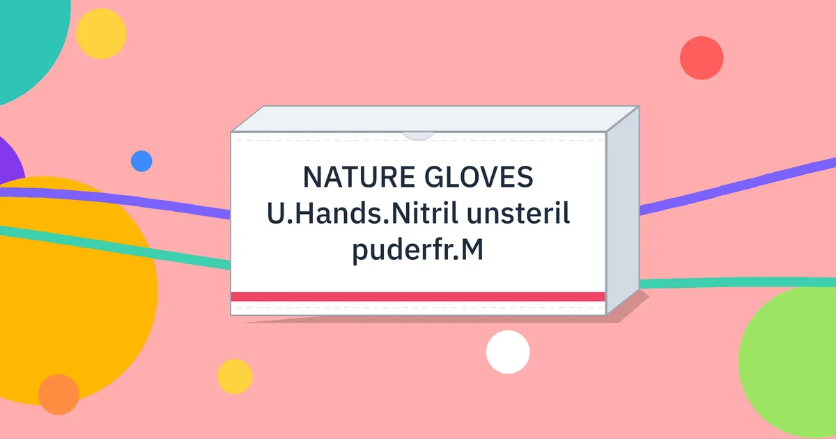 Symbolbild: Packung mit der Aufschrift NATURE GLOVES U.Hands.Nitril unsteril puderfr.M (PZN 18034146) – Verfügbarkeit und Bezug in Apotheken in Frankfurt am Main