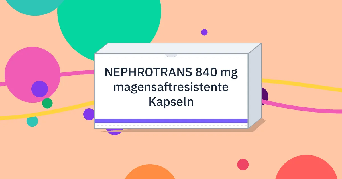 Symbolbild: Packung mit der Aufschrift NEPHROTRANS 840 mg magensaftresistente Kapseln (PZN 03956845) – Verfügbarkeit und Bezug in Apotheken in Frankfurt am Main