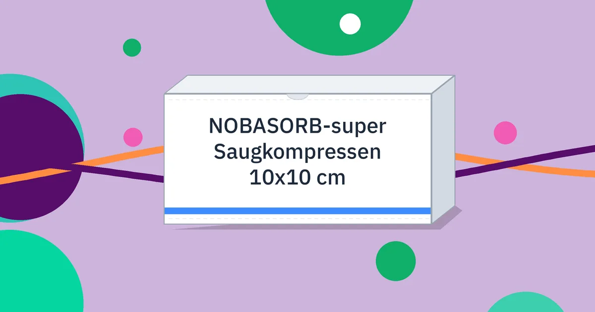 Symbolbild: Packung mit der Aufschrift NOBASORB-super Saugkompressen 10x10 cm (PZN 18093255) – Verfügbarkeit und Bezug in Apotheken in Frankfurt am Main