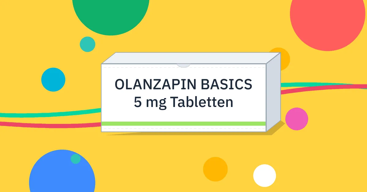 Symbolbild: Packung mit der Aufschrift OLANZAPIN BASICS 5 mg Tabletten (PZN 09060096) – Verfügbarkeit und Bezug in Apotheken in Frankfurt am Main